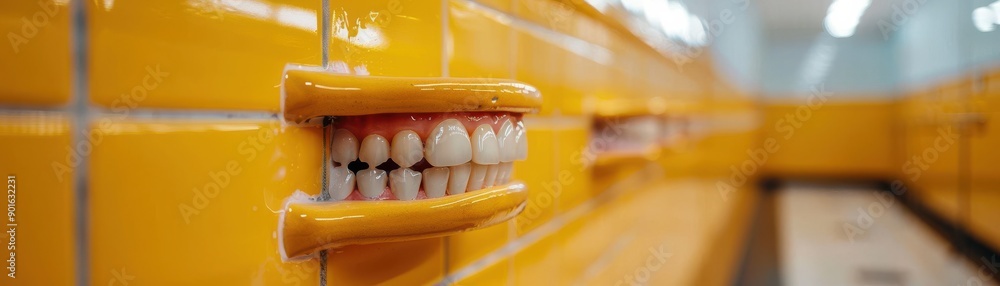 A surrealistic image featuring a set of human teeth embedded in a wall ...