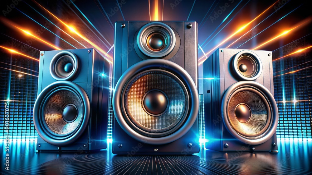 High-tech speakers with sleek metallic design amplify sound waves ...