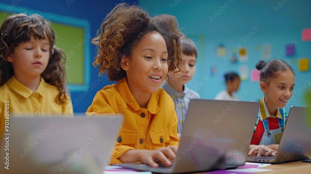 Class of Young Multiethnic Children Using Laptop Computers while ...