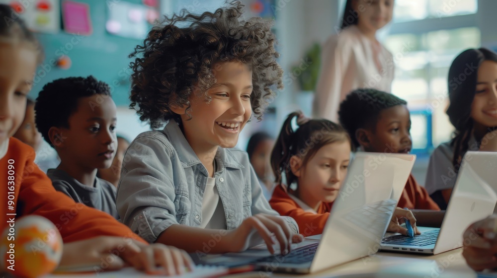 Class of Young Multiethnic Children Using Laptop Computers while ...