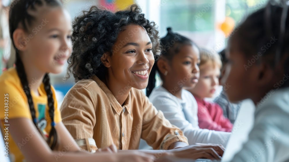 Class of Young Multiethnic Children Using Laptop Computers while ...