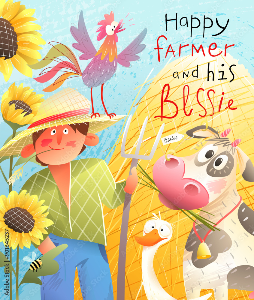 Farmer village and livestock, cow rooster and goose with haystack ...