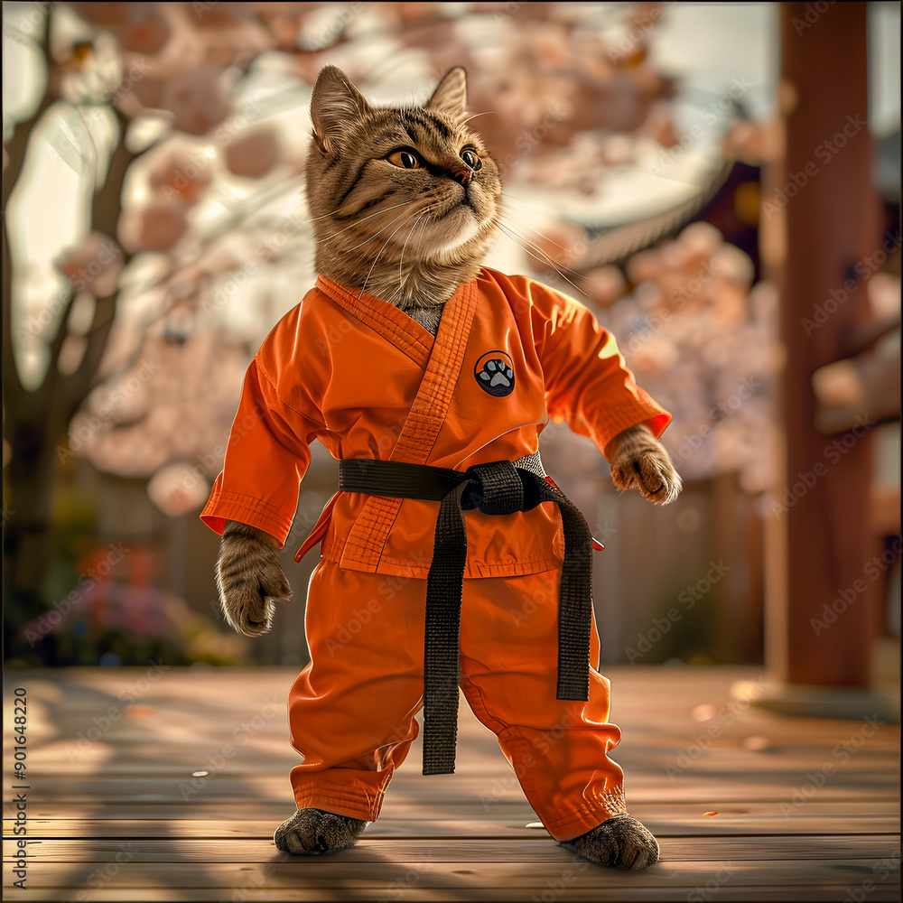 Feline Martial in Tranquil Japanese Garden Dojo Scene A cat in a karate ...