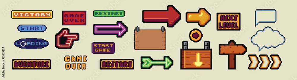 Pixel art frames. Retro 8 bit buttons, arrows, speech bubble messages ...