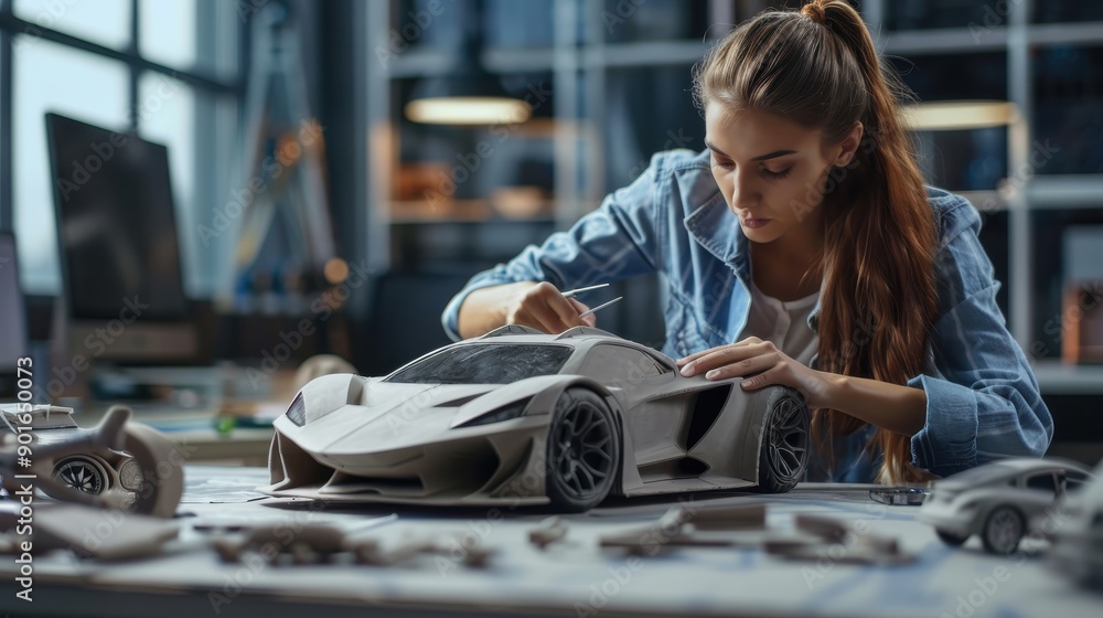 Portrait of a Female Automotive Designer Sculpting a 3D Clay Model of a ...