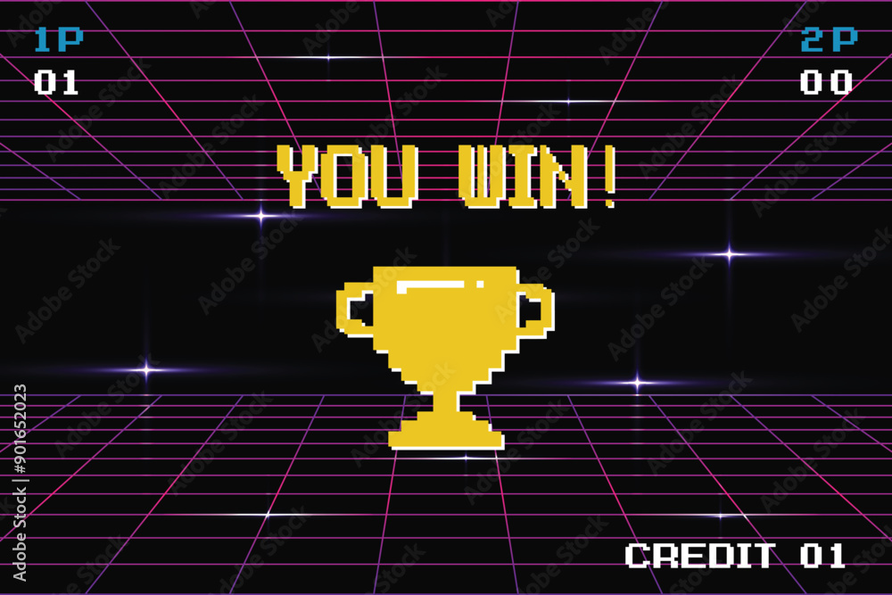 Pixel art 8-bit You Win text with one big winner golden cup. Retro ...