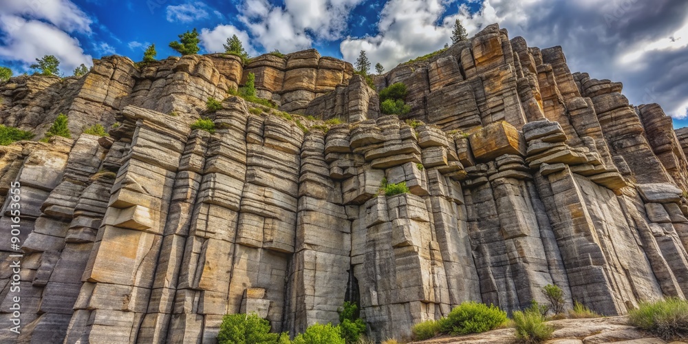 Weathered gray rock cliff face with deep cracks and layered stone ...