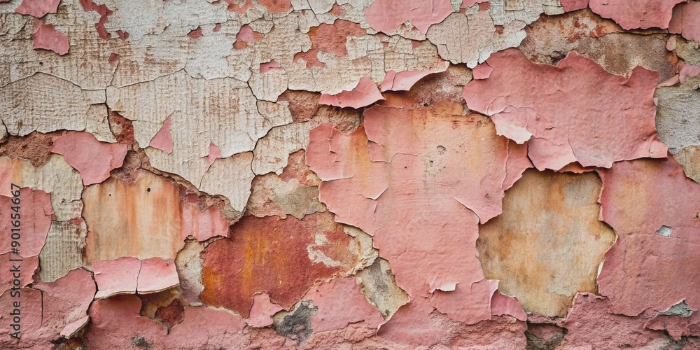 Aged, peeling pink paint reveals worn surface beneath, cracks and ...