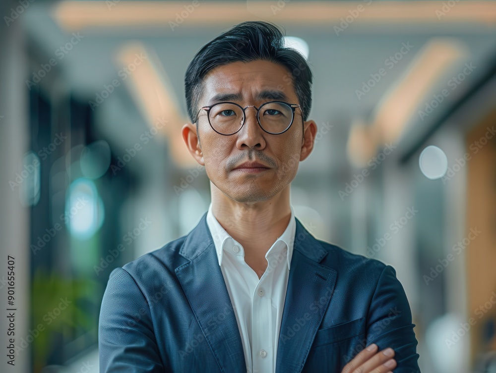 Confident professional man in a business suit stands with arms crossed ...