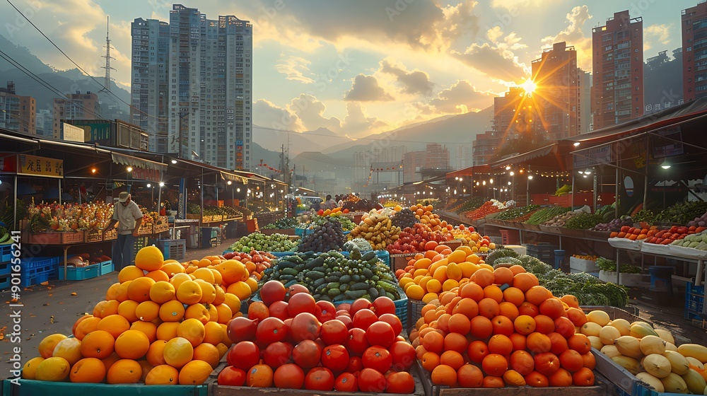 Bustling city street market with vibrant stalls colorful produce and a ...