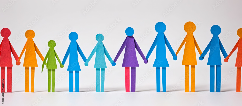 Row of multicolored paper people holding hands on white background ...