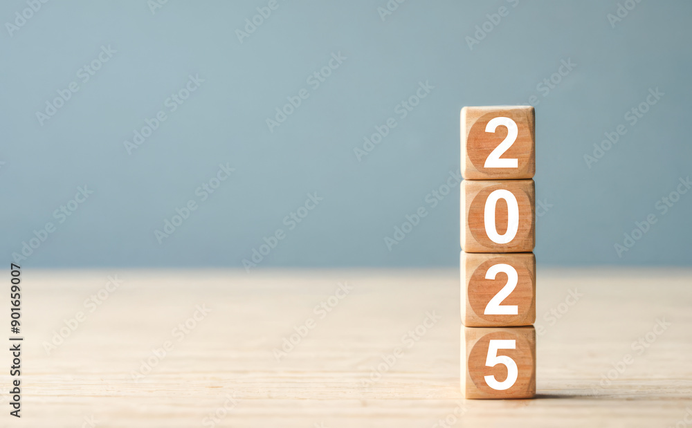 New Year 2025, wooden block numbers on blue background, future planning, 2025 annual changeover ...