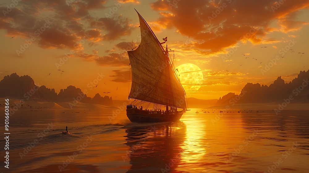 Captivating portrayal of the mythological Egyptian god Ra sailing ...
