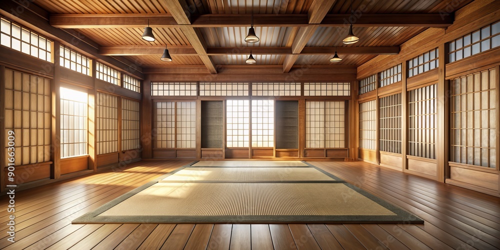 Serenely lit traditional karate dojo with rustic wooden accents, roll ...