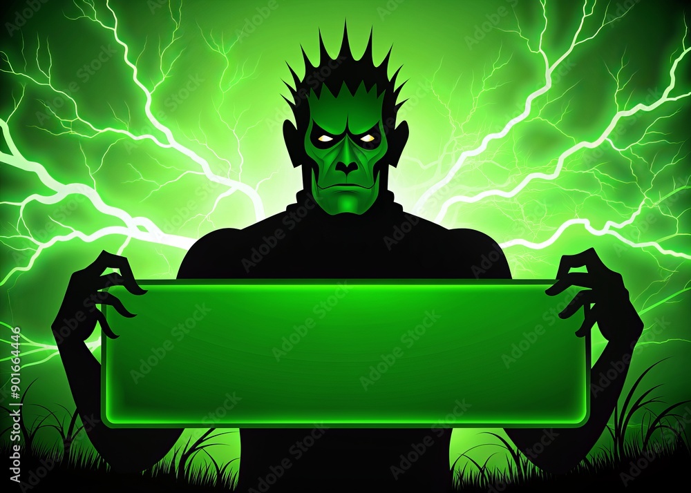 Spooky green banner with a giant monster's imposing silhouette, bolts ...
