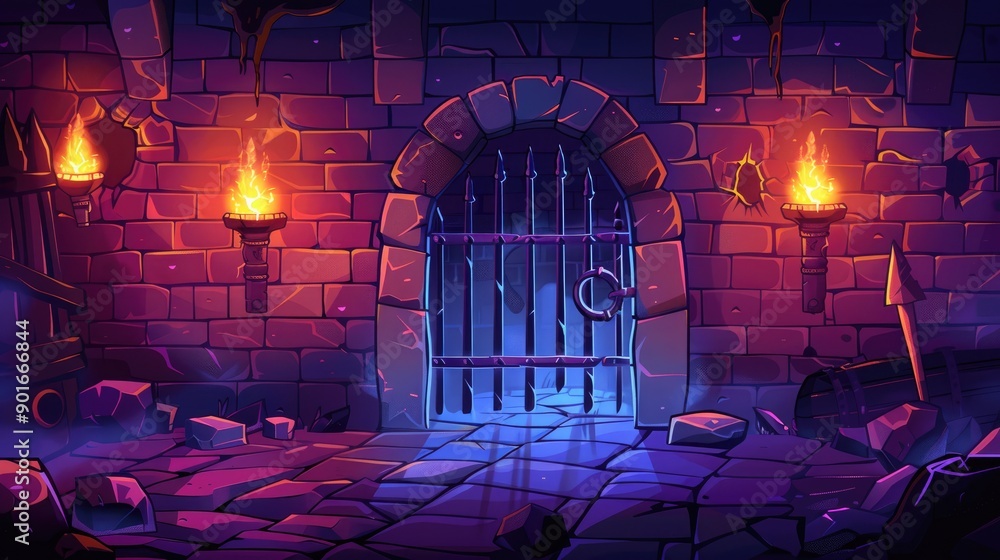 Cartoon illustration of a stone-walled medieval dungeon with torches ...