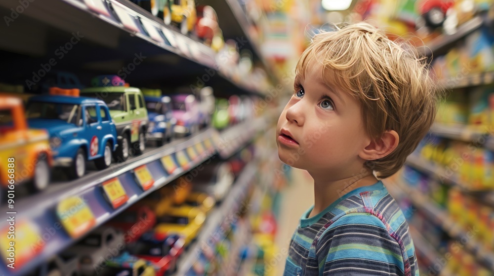 Child in a toy store aisle, eyes wide with wonder, gazing at shelves ...