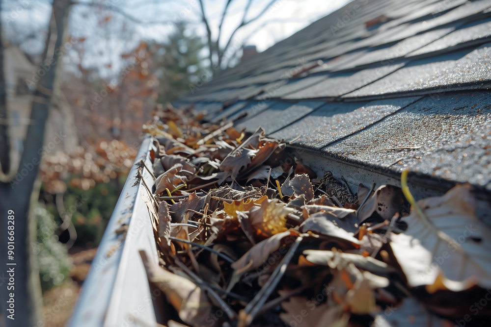 leaves clog a gutter - leaf and tree debris packed into a metal gutter ...