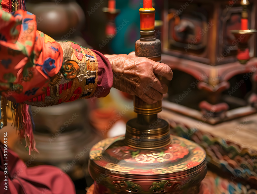 Devotee dressed in traditional attire spins a wooden Buddhist prayer ...