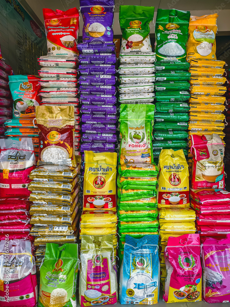 KANCHANABURI - THAILAND, MAY 16,2024 : Variety of rice products in ...