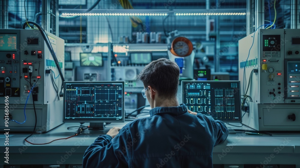 Electrical engineer at a workbench testing circuit boards in a ...
