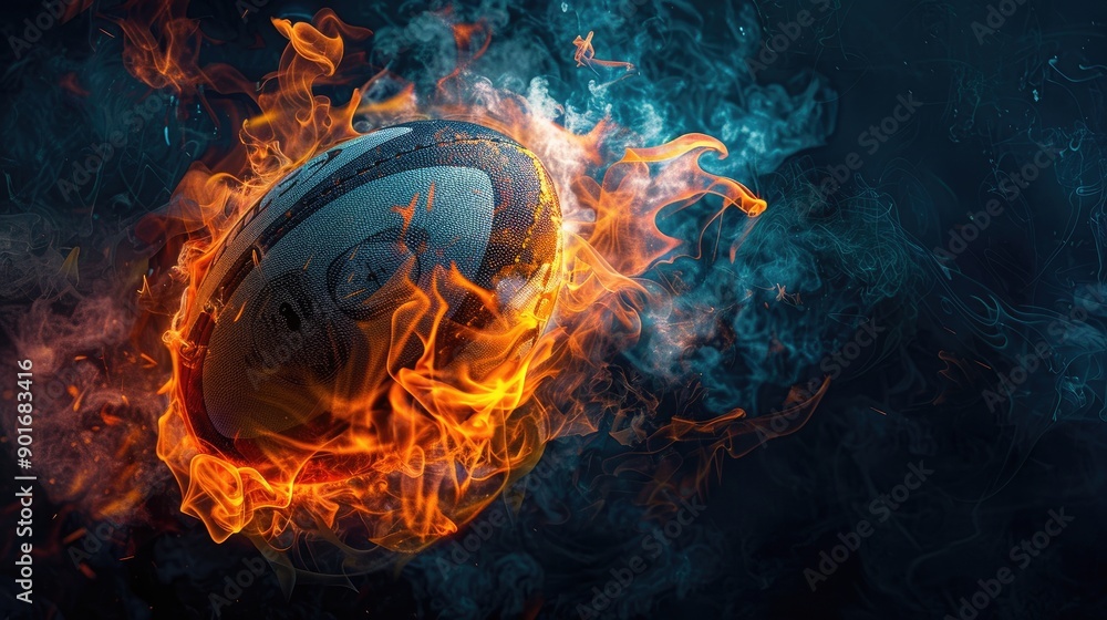 Flaming rugby ball with smoke, against a dark background, creating a ...