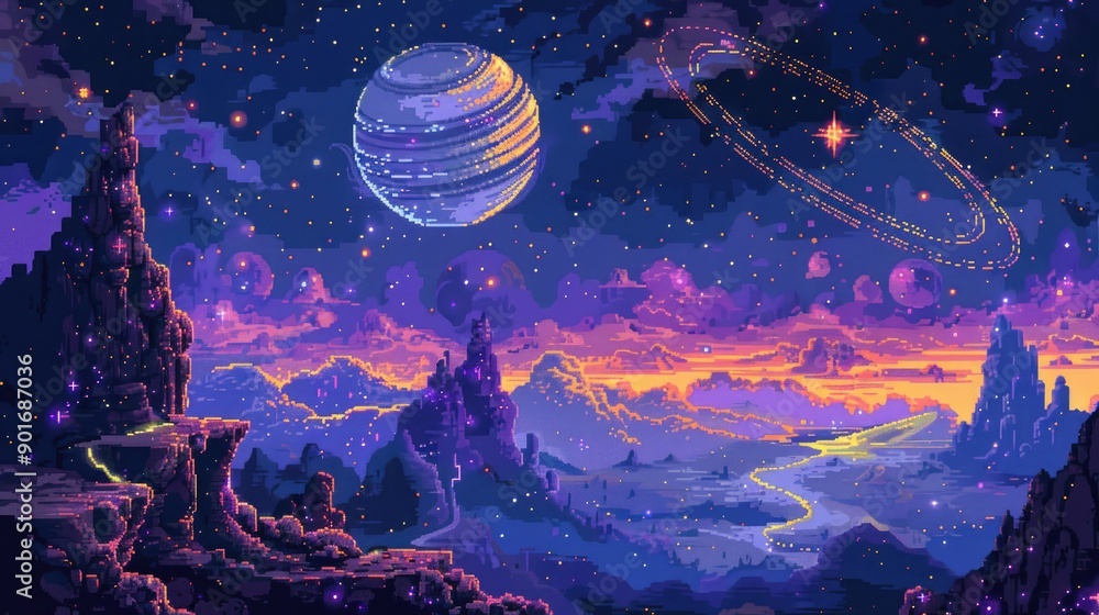 Intricate pixel art of a cosmic scene featuring a textured planet ...
