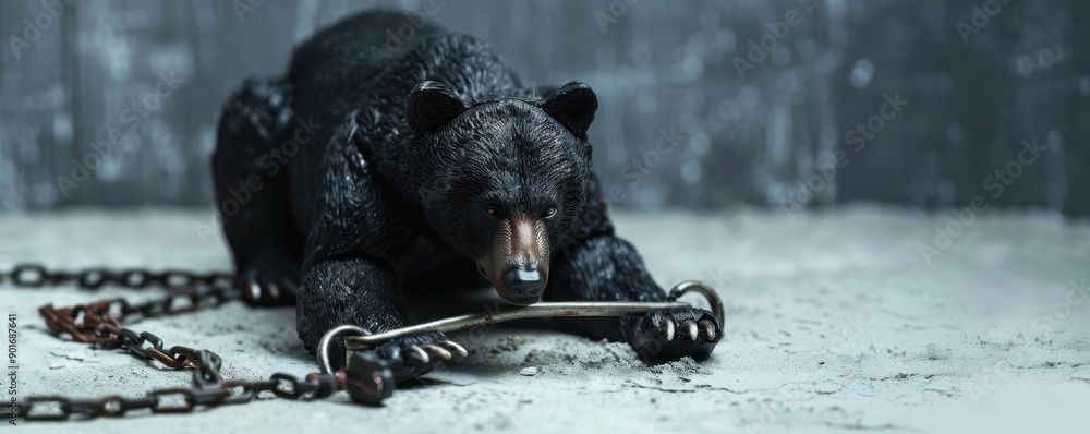 Black bear in chains lying on the ground, symbolizing captivity and ...