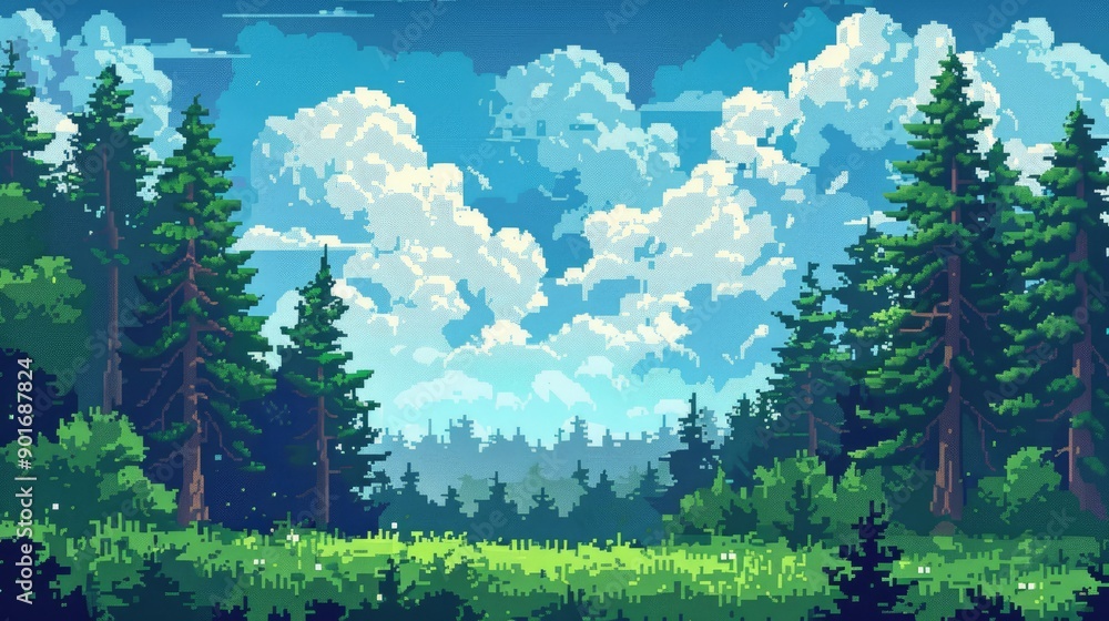 Lush pixel art landscape with towering trees and fluffy clouds, perfect ...
