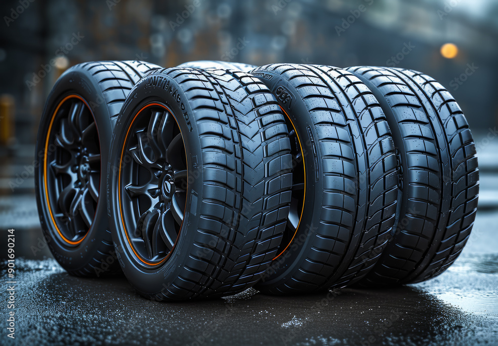 Black Tires With Orange Rims on Wet Pavement. Four black tires with ...