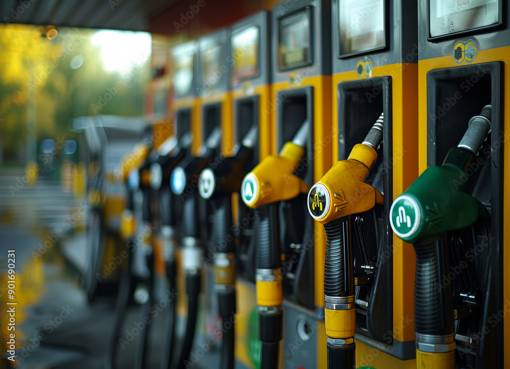 Gas Station Fuel Pumps in Autumn. Yellow and green fuel pumps in focus ...