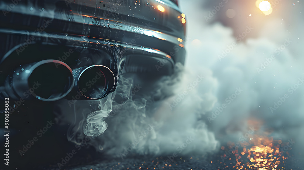 Exhaust smoke coming out of the pipe of the car in close-up. Car ...