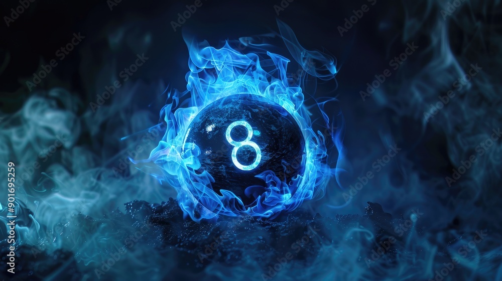 Magic eight ball engulfed in mystical blue flames, creating a striking ...