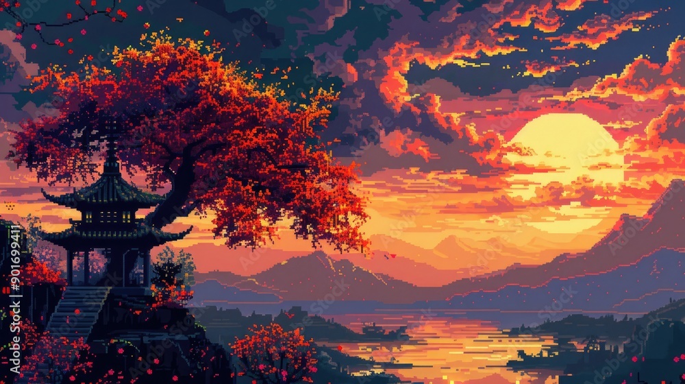 Pixel art depicting a serene scene with an Asian pagoda and autumn tree ...