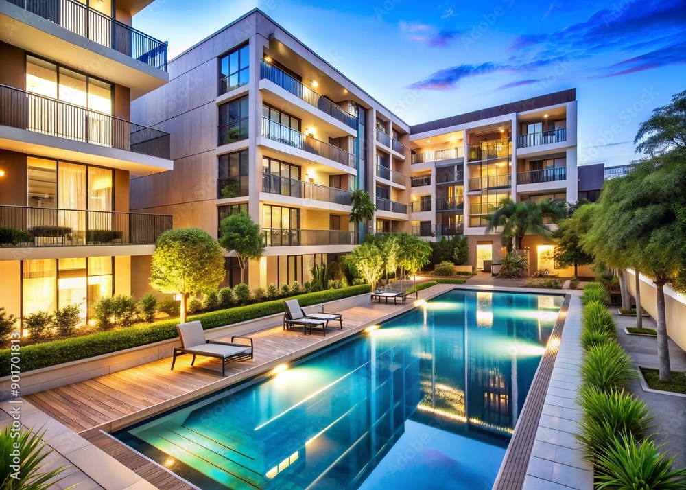Luxurious modern apartment complex with sleek architecture, sparkling ...