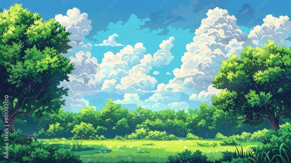 Pixel art scene of lush greenery and tall trees with a sky full of ...