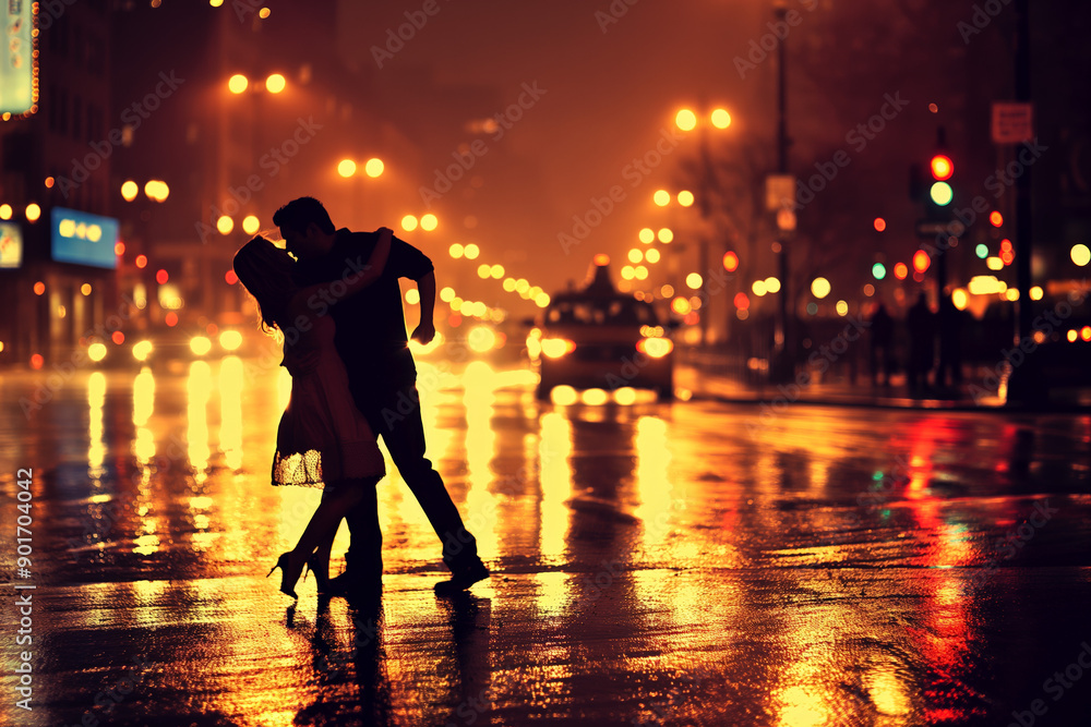 Romantic couple dancing on a city street at night, illuminated by ...