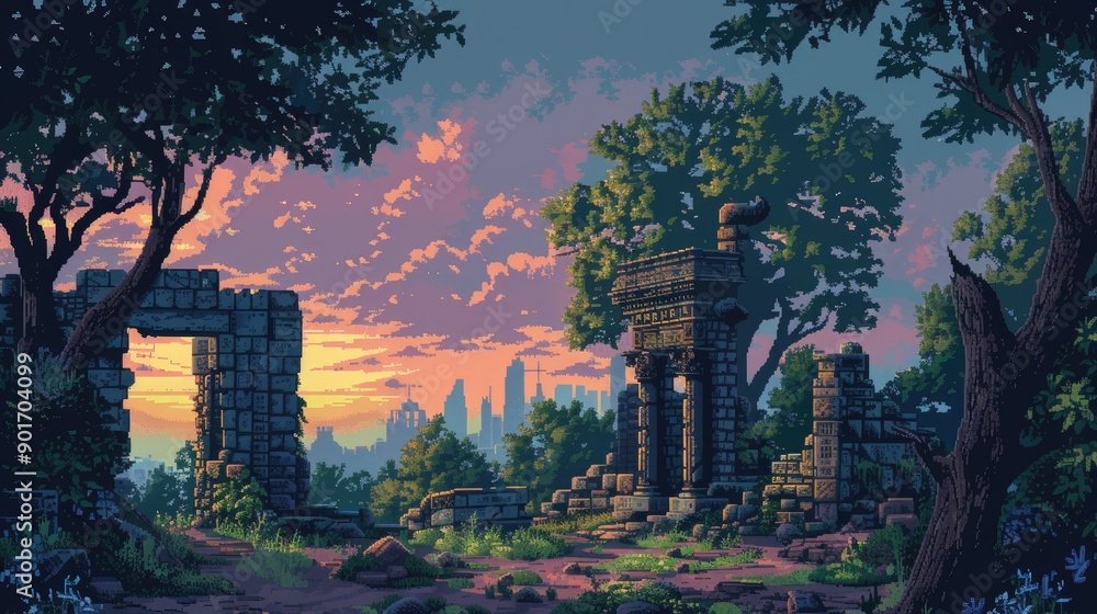 Retro 8-bit pixel art of ancient ruins amidst lush trees, with a ...