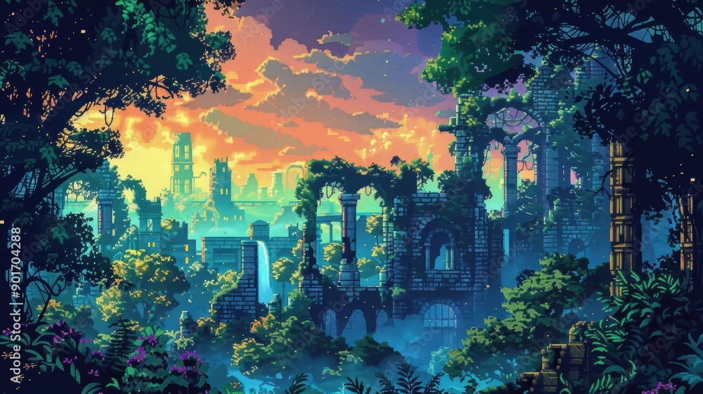 Retro 8-bit pixel art of ancient ruins amidst lush trees, with a ...