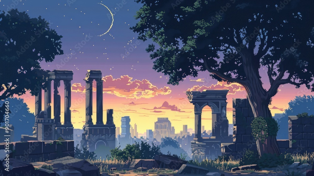 Retro 8-bit pixel art of ancient ruins with lush trees against a ...