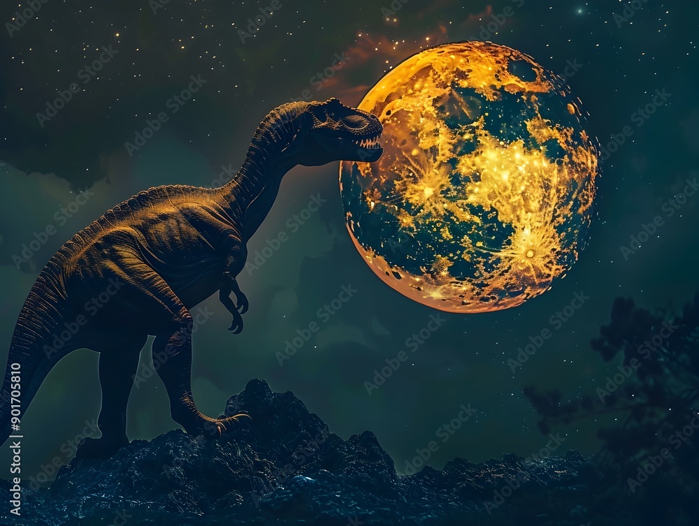 Majestic Dinosaur Guarding the Luminous Moon in a Cosmic Landscape ...