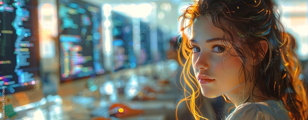 International Day of the Girl coding class in oil painting style, close ...