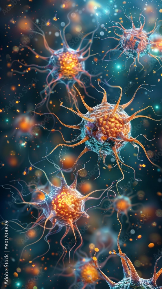 Visual image of illuminated cancer cells on a dark background, showing ...
