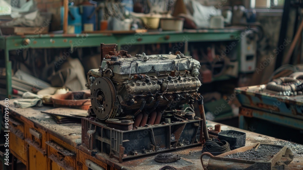 An old, rusty engine is the focal point in a cluttered workshop with ...