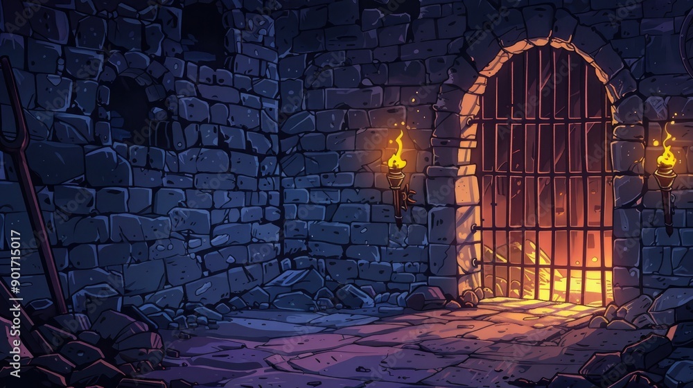 Stone-walled dungeon with torches and a barred gate in a medieval ...