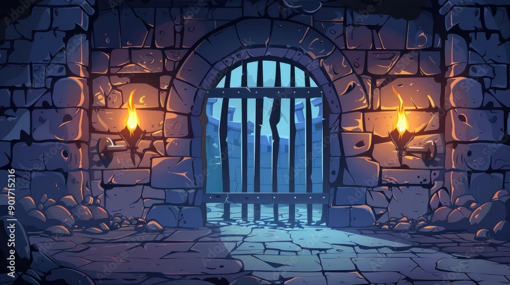 Stone-walled medieval dungeon with torches and a barred gate, depicted ...