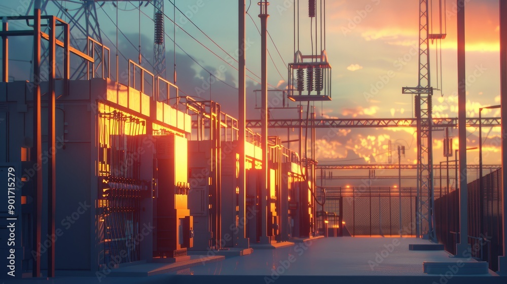 Substation at sunset with detailed switchgear and transmission towers ...