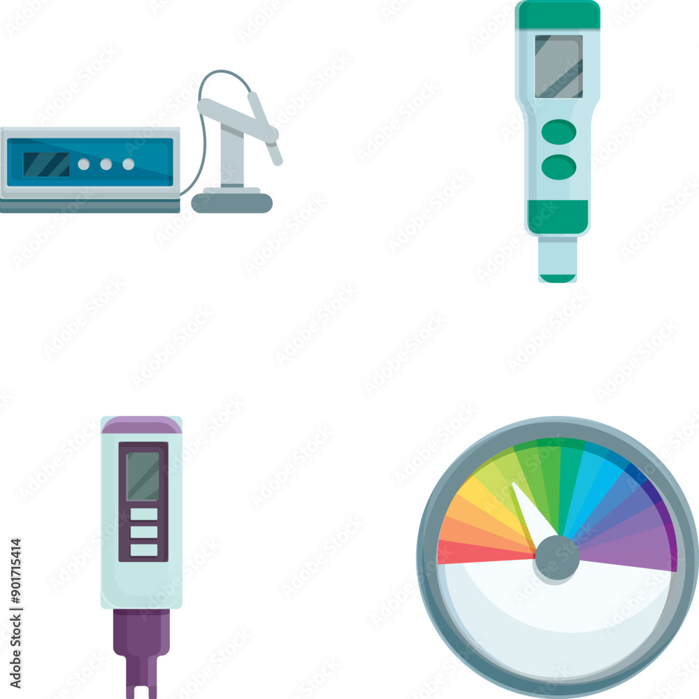Ph measuring icons set cartoon vector. Digital chemical ph meter ...