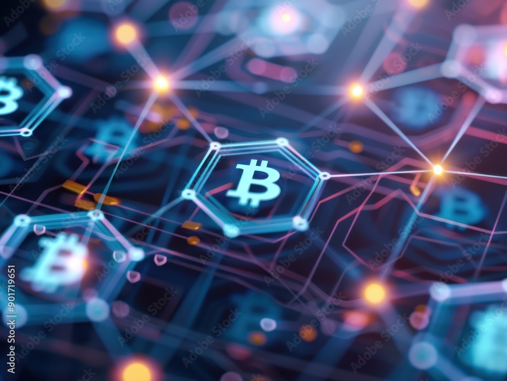 A flat design 3D scene of a Bitcoin transaction being confirmed on the ...