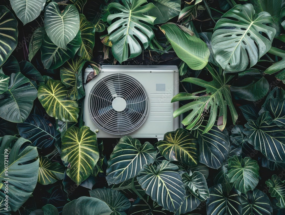 An air conditioner unit camouflaged among lush outdoor plants ...